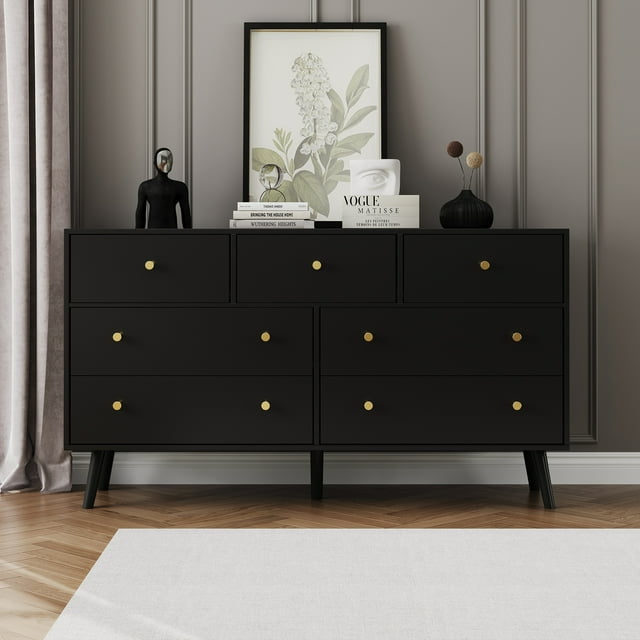 55” Black Dresser for Bedroom, 7 Drawer Dresser with Wide Drawers and ...