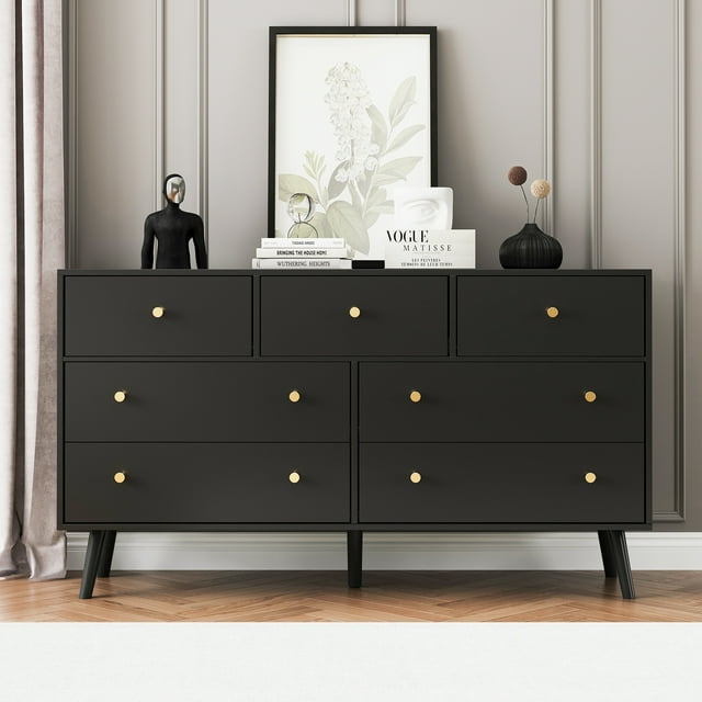 55” Black Dresser for Bedroom, 7 Drawer Dresser with Wide Drawers and ...