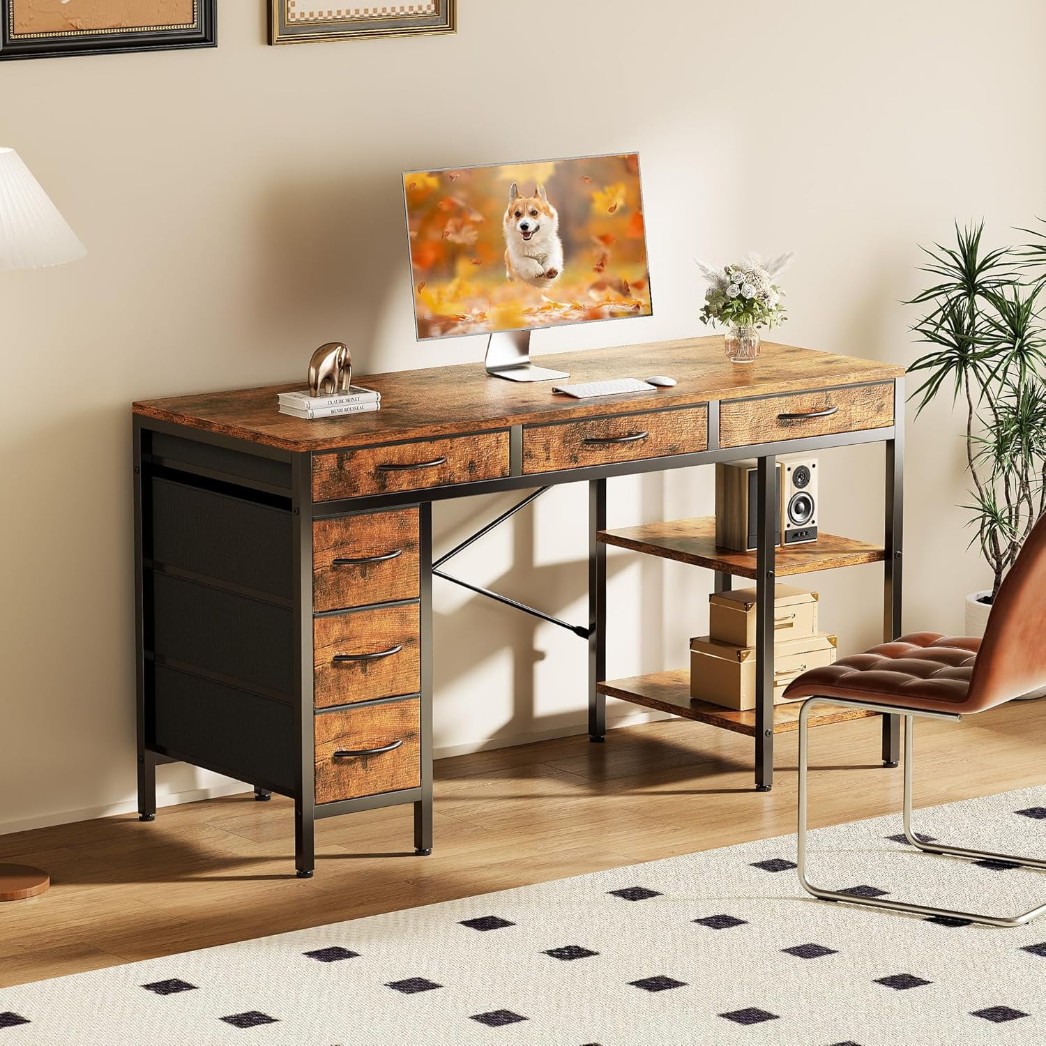 55" Computer Desk with 6 Drawers, Home Office Gaming Desks with Storage ...