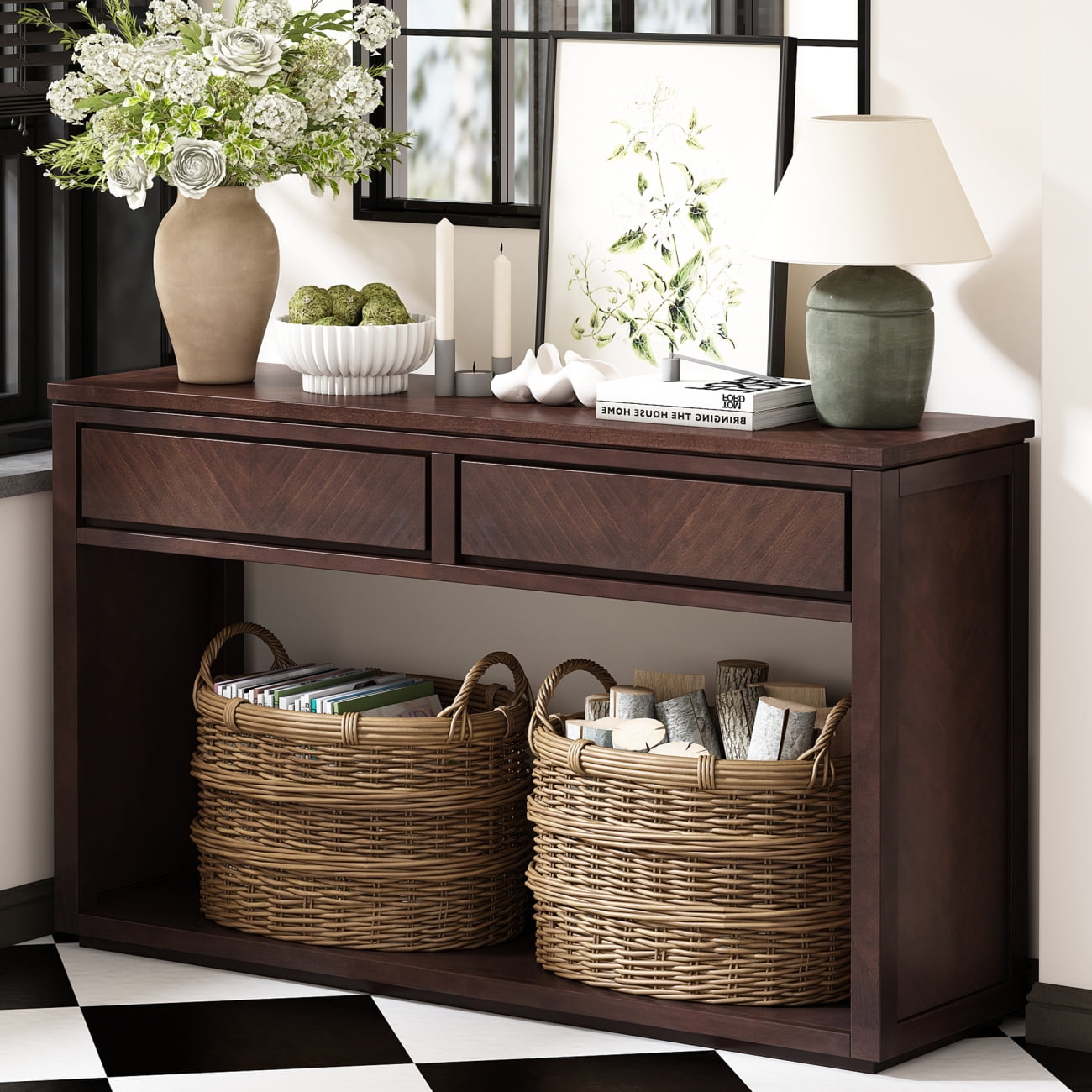 55" Console Table, 2-Tier Entryway Table with Storage Drawers and Open ...