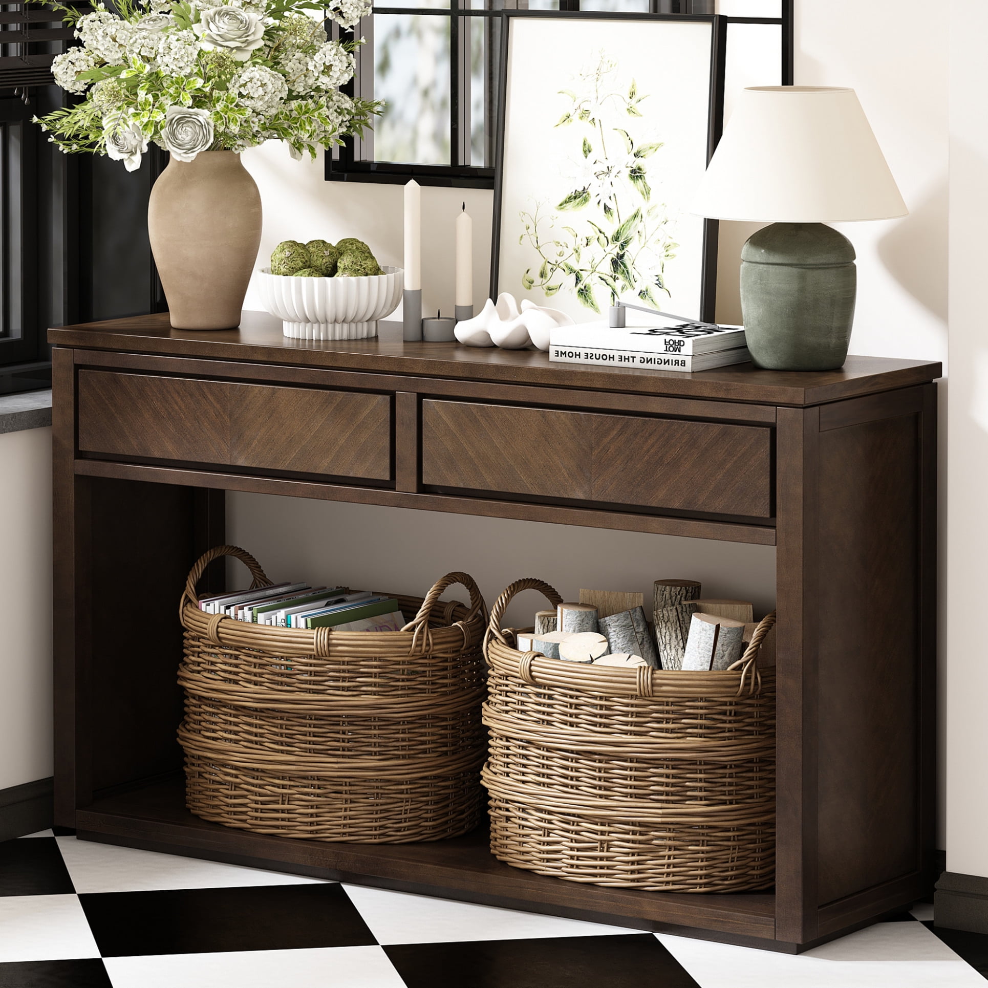 55" Console Table, 2-Tier Entryway Table with Storage Drawers and Open ...