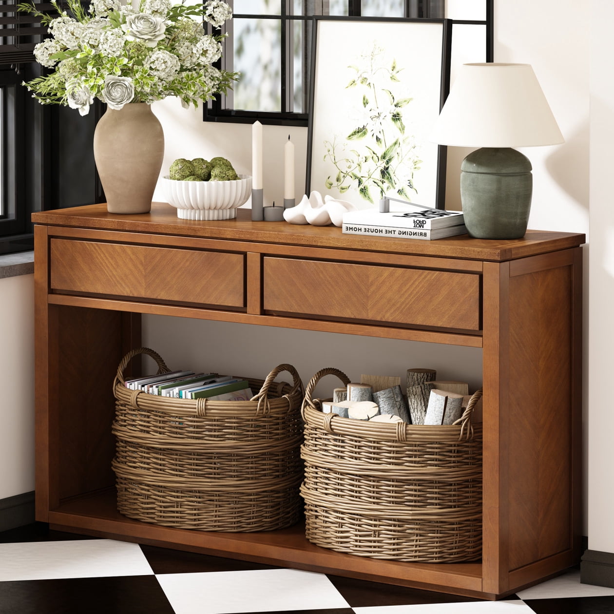 55" Console Table, 2-Tier Entryway Table with Storage Drawers and Open ...