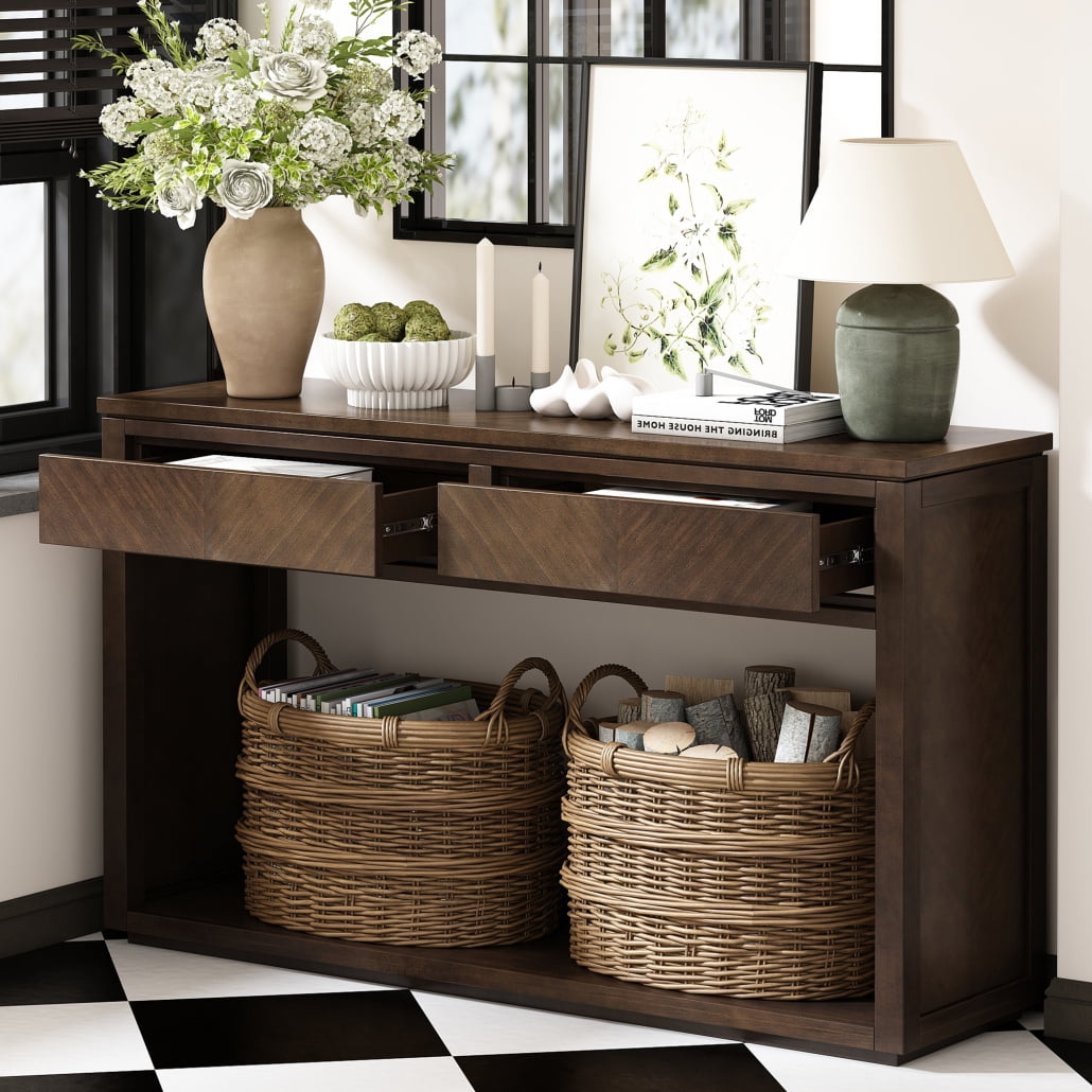 55" Console Table, Rustic Wooden Entryway Table with 2 Storage Drawers ...
