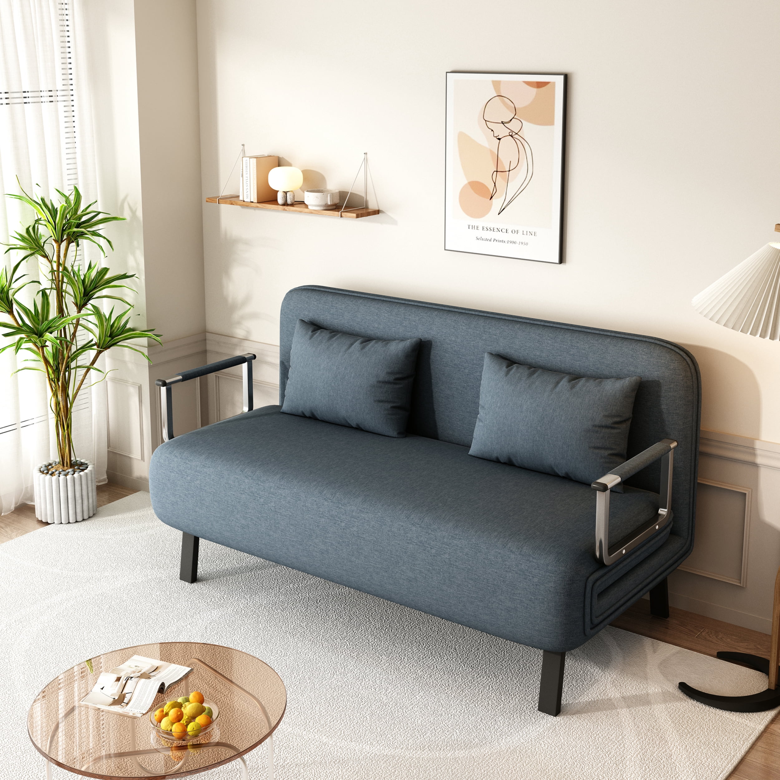 Miekor Velvet 55" Convertible Tri Fold Sofa with Pillow, Blue and Grey ...