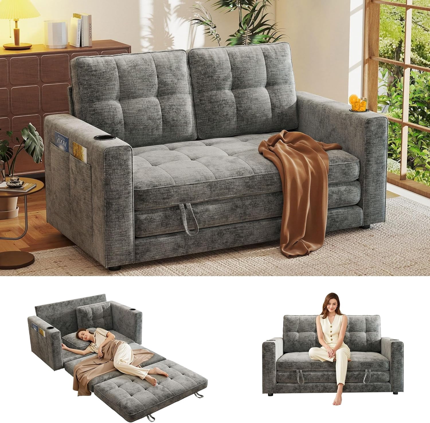 55" Convertible Folding Sofa Bed, Pull Out Couch Love Seat Sleeper Bed ...