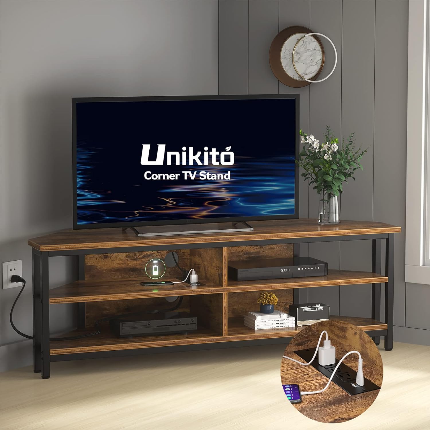 55'' Corner TV Stand with Power Outlet, Corner Entertainment Center TV ...
