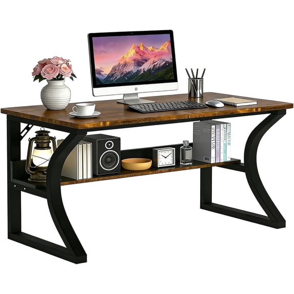 55'' Desk w/Storage & Management, Office Desk w/Sturdy U-Shaped Metal ...