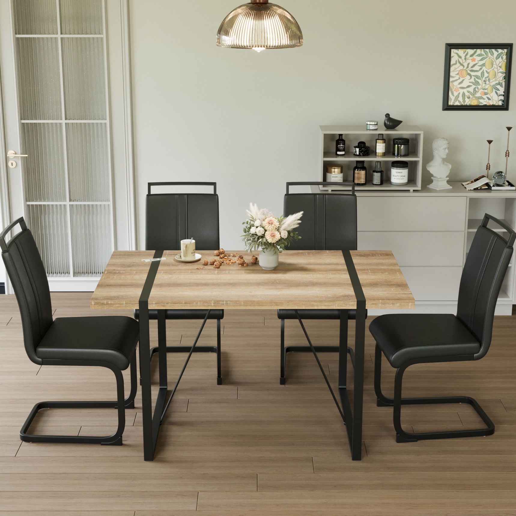 55" Dining Table Set, 1 Table 4 Chairs, MDF and Metal Combination ...
