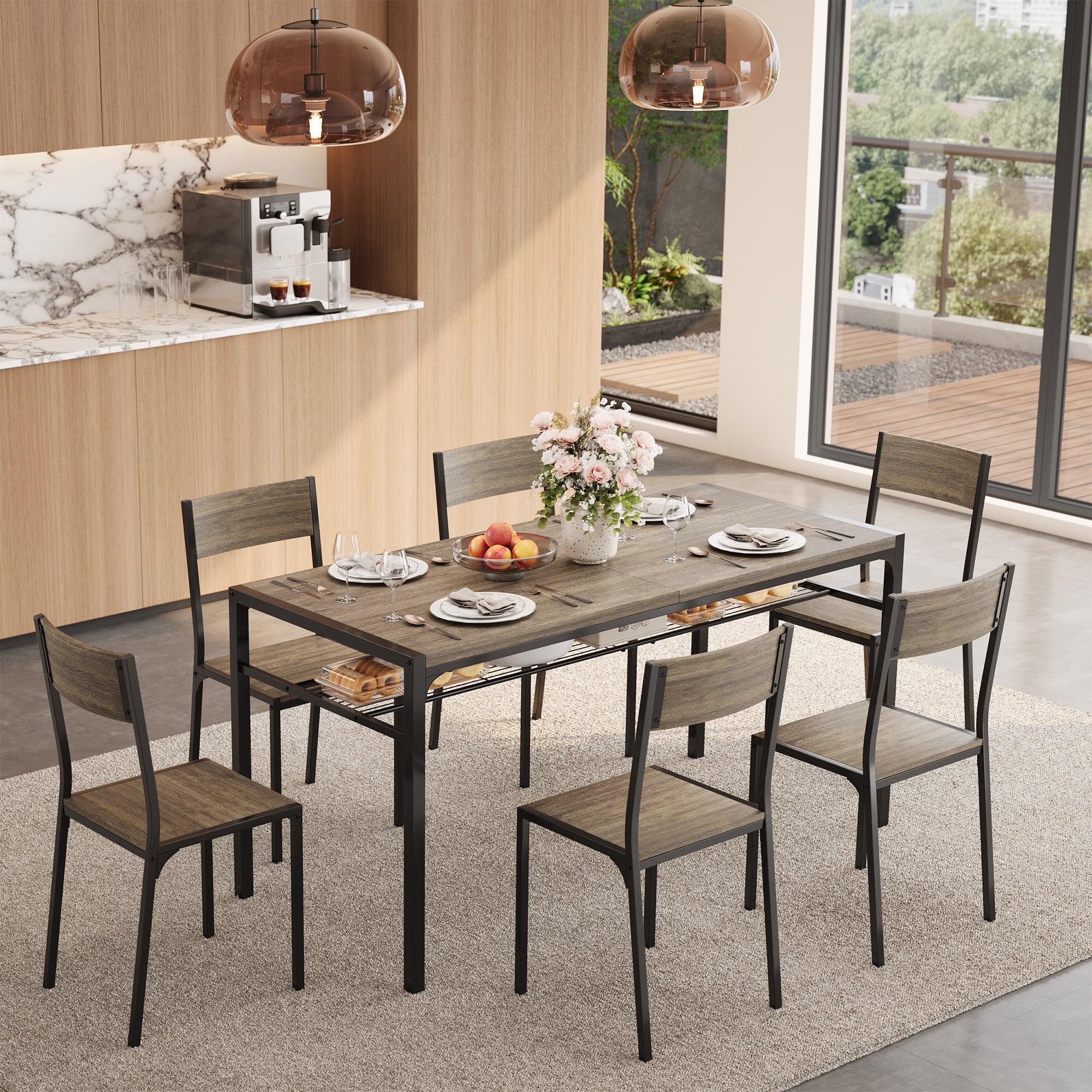 55” Dinning Table Set for 6, Asofer Kitchen Table and Chairs for ...