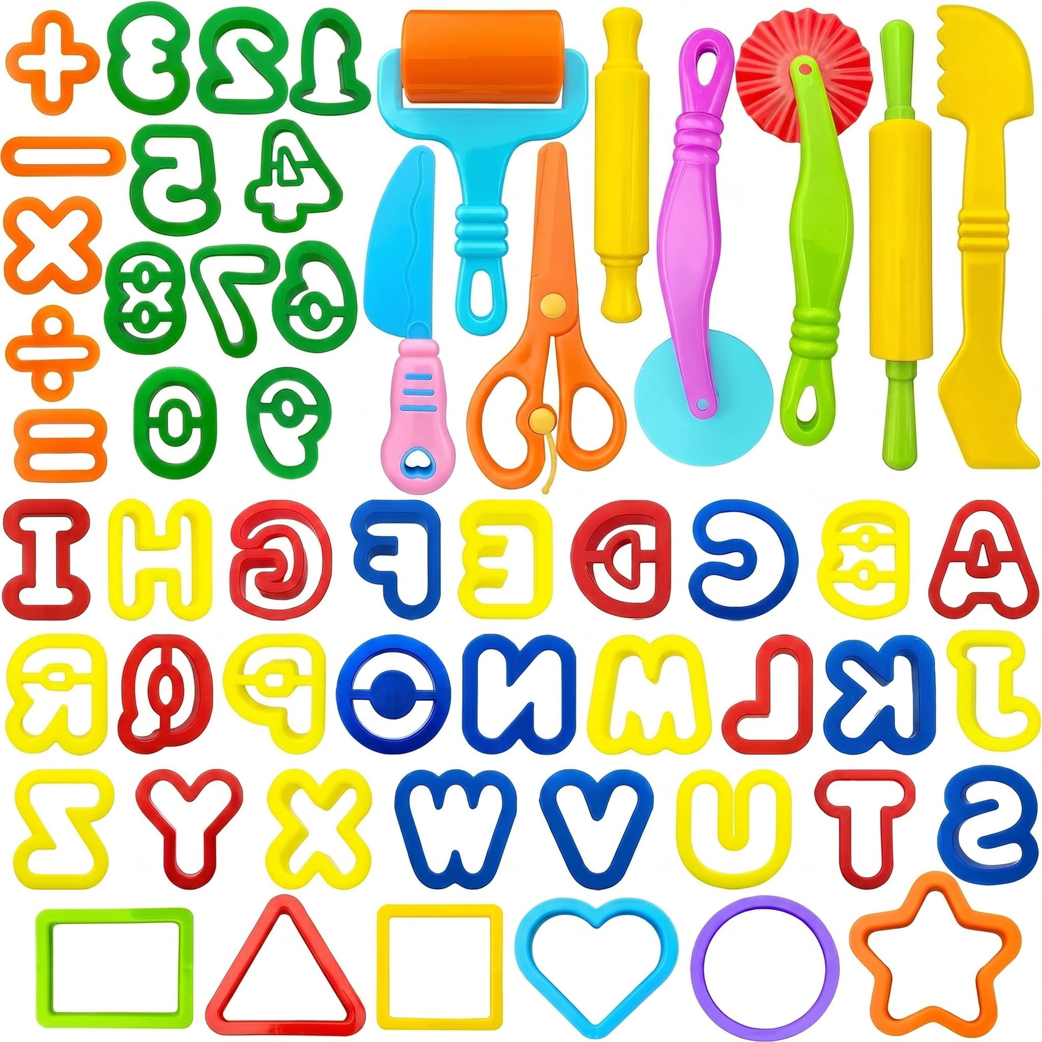 55 Dough Tools Set with Alphabet Number Shape Cutters, Rolling Pin ...