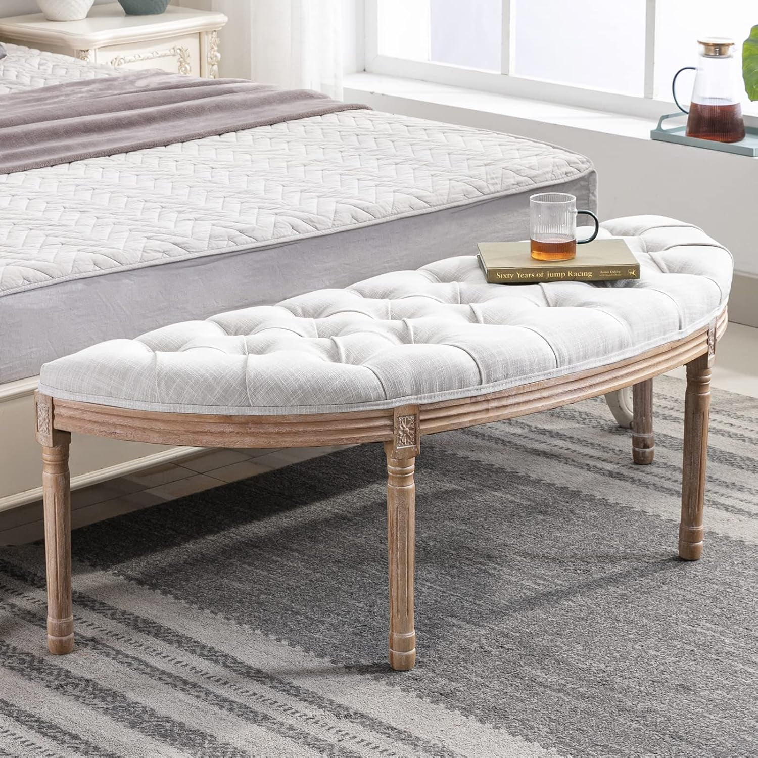 55" End of Bed Bench Vintage Half Moon Upholstered Fabric Semi-Circle ...