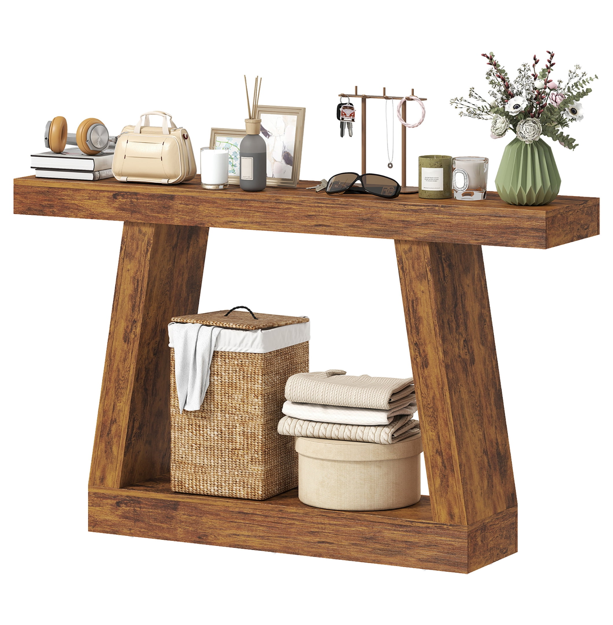 55" Farmhouse Console Table, Entryway Table with Storage, Rustic Brown ...