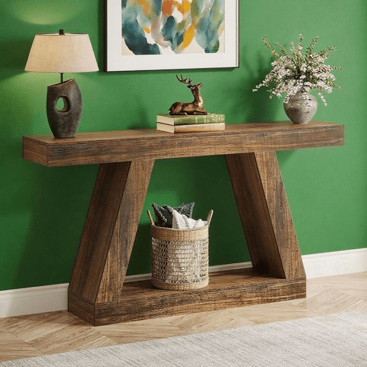 55" Farmhouse Rustic Console Table - Wood Grain MDF with Storage, 330lb ...
