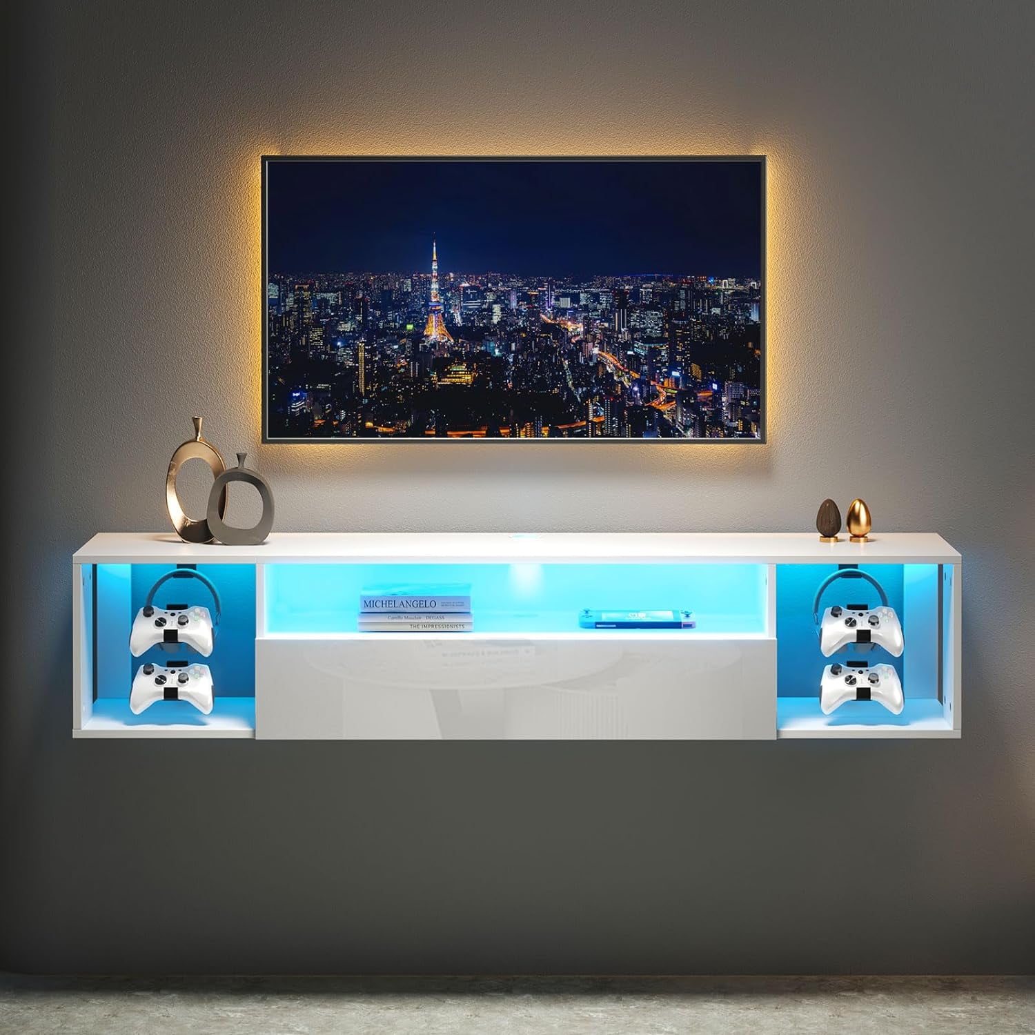 55'' Floating TV Stand with LED Lights, Wall Mounted Entertainment ...