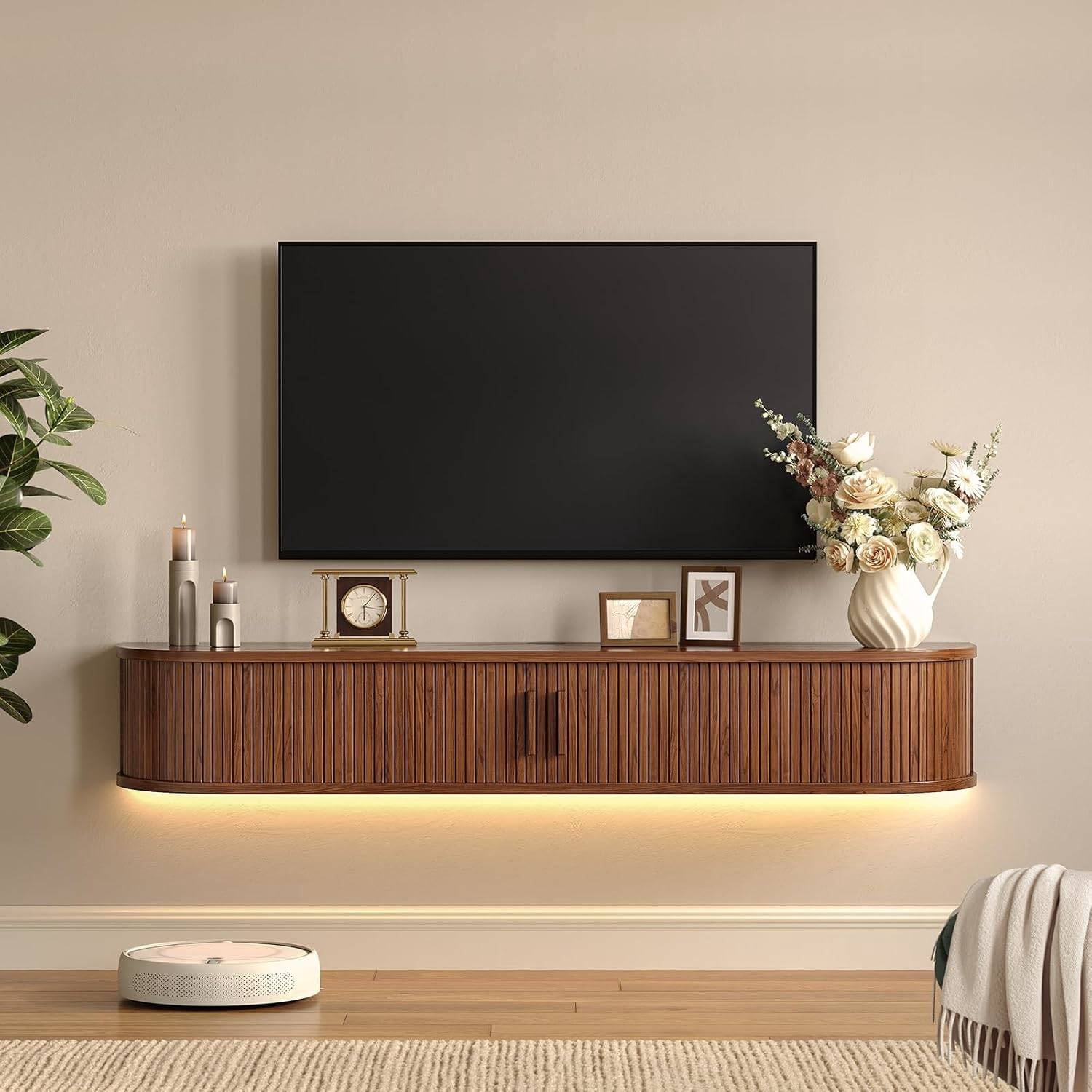 55" Floating TV Stand with Power Outlet for TVs up to 65", Fluted ...