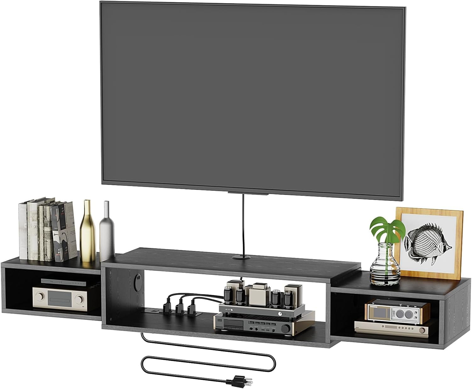 55" Floating Wall TV Cabinet Stand with Power Outlet, Wall Mounted Wood ...