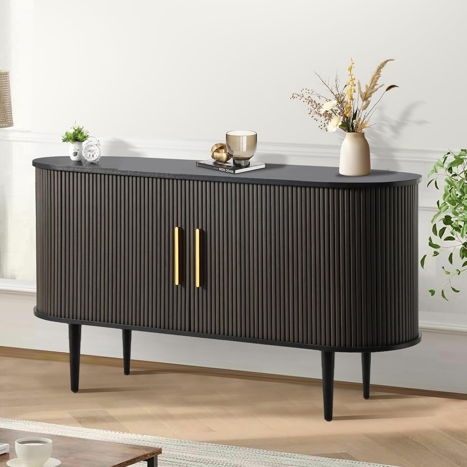 55" Fluted Buffet Cabinet with Storage, Tambour Sideboard Cabinet with Slide Doors, Wood Modern ...