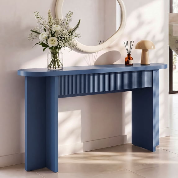 55" Fluted Console Table in Chic Beige with Hidden Storage Drawers for ...
