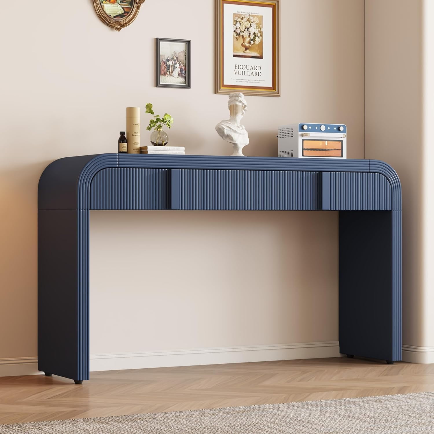 55'' Fluted Console Table with Storage Drawers, Wood Modern Curved ...