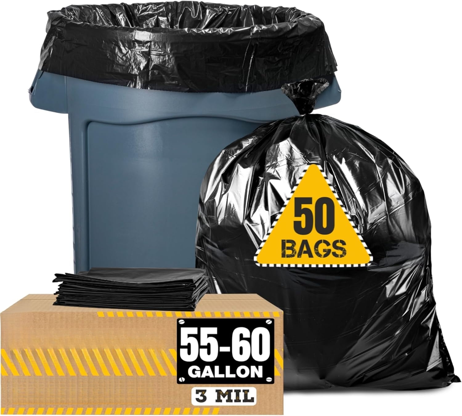 55 Gallon Contractor Garbage Bags – 50 Count, 3 Mil Black Heavy Duty ...