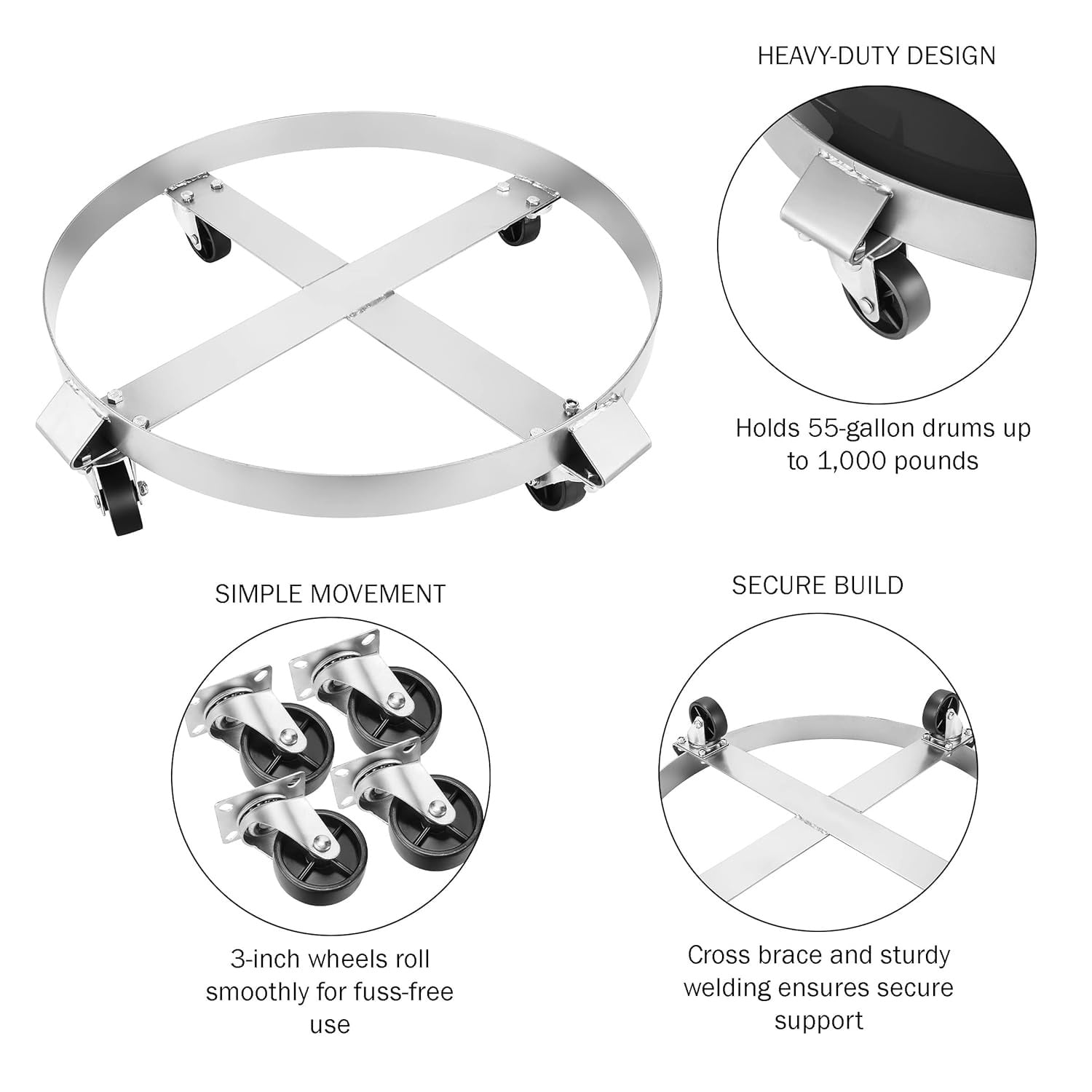 55-Gallon Drum Dolly - Heavy-Duty Steel Dolly with Cross Braces and 4 ...