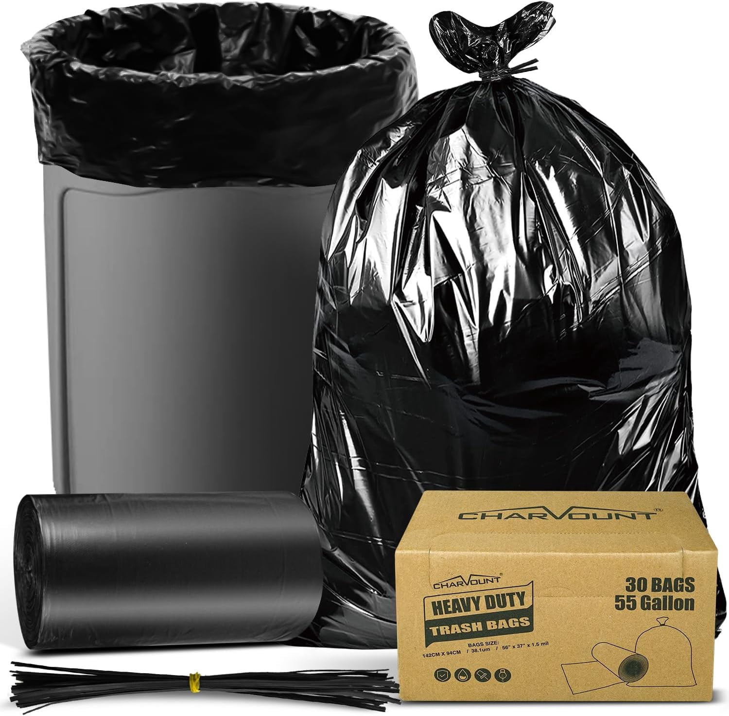 55 Gallon Trash Bags,1.5 Mil-37"x 56" W/Ties Black Large Heavy Duty ...