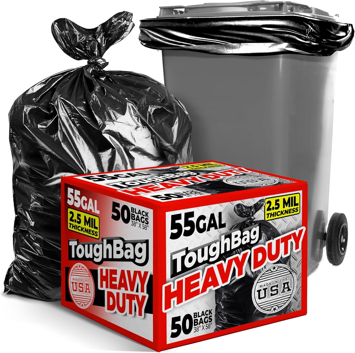 55 Gallon Trash Bags, 2.5 Mil Contractor Bags - 50 Count, Large 55-60 ...