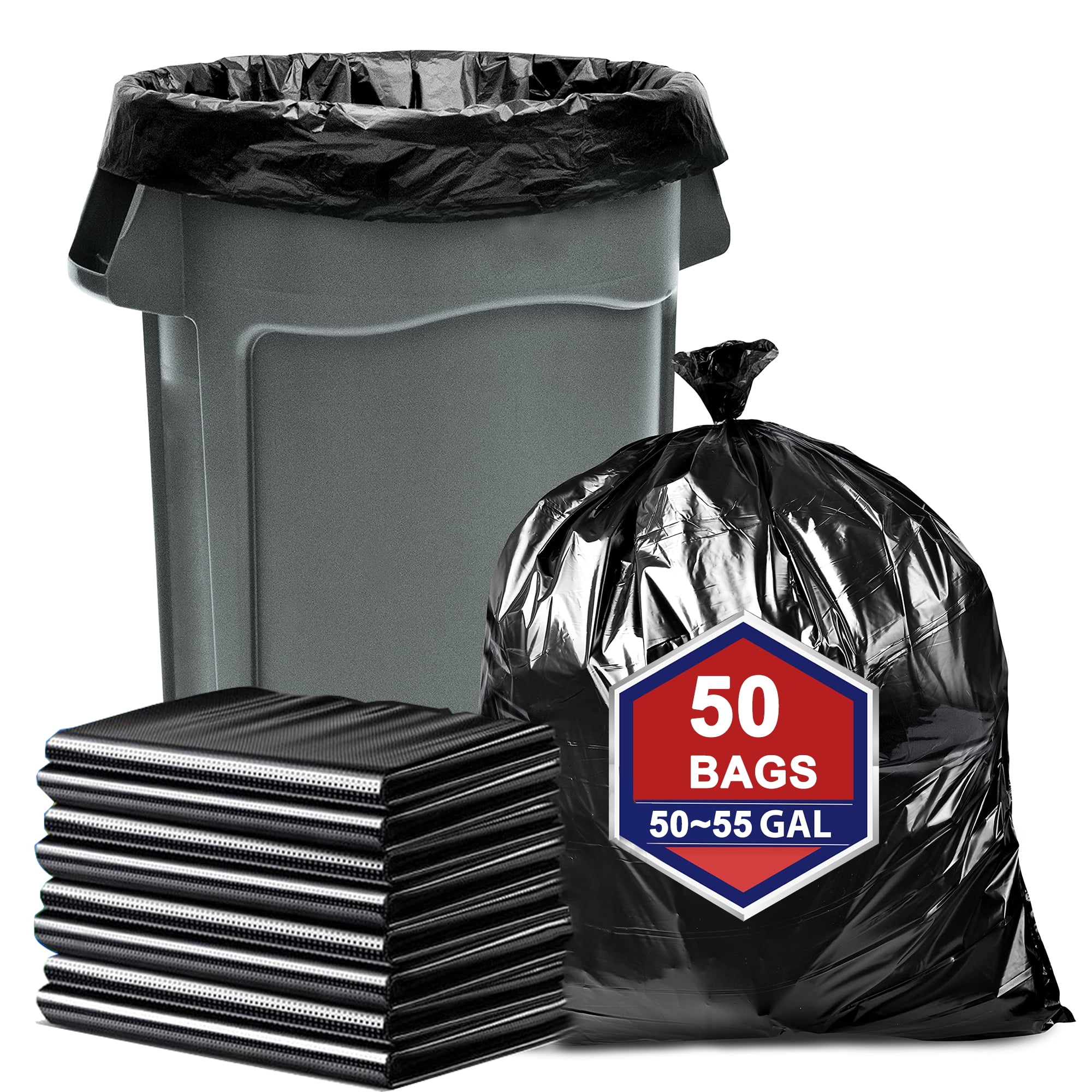 55 Gallon Trash Bags(50 Count), Black Heavy Duty Large Big Garbage Bags ...