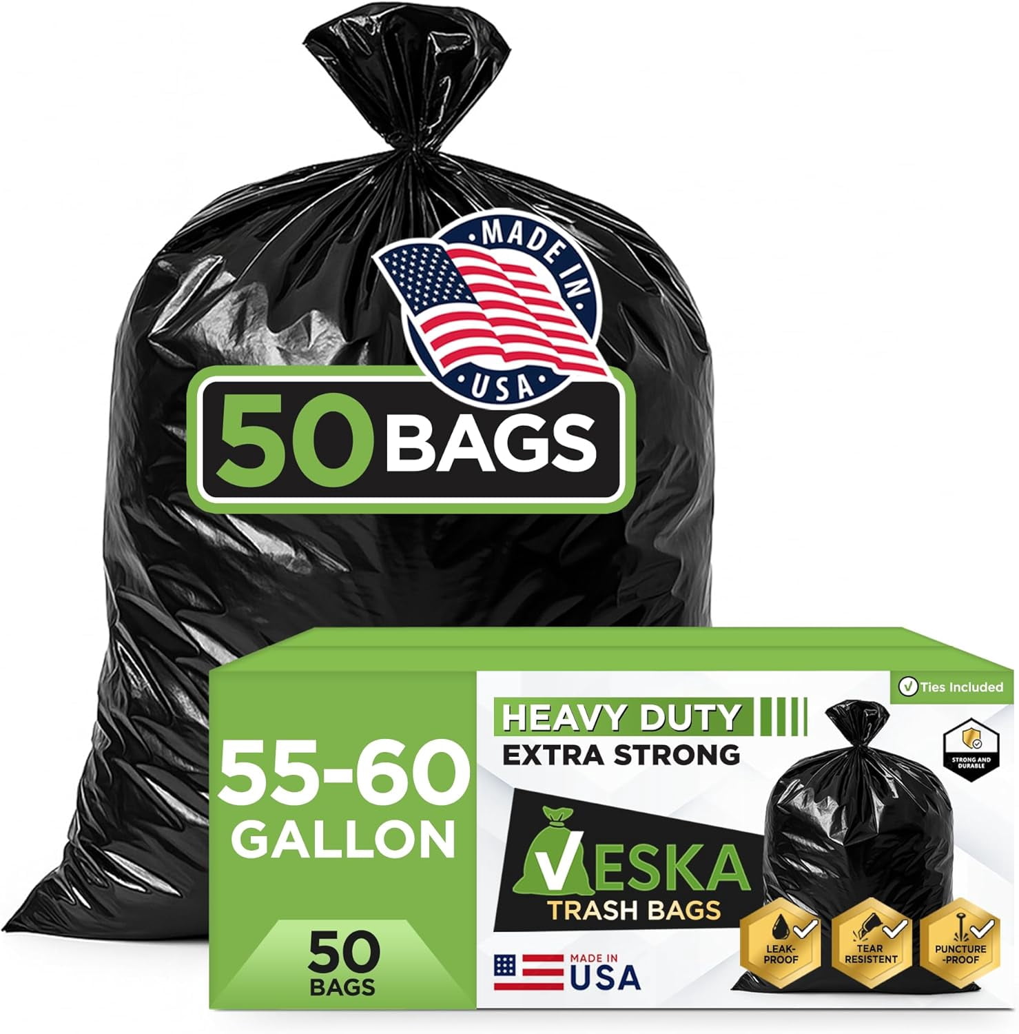 55 Gallon Trash Bags Heavy Duty, (Value-Pack 50 Count w/Ties) 55-60 ...