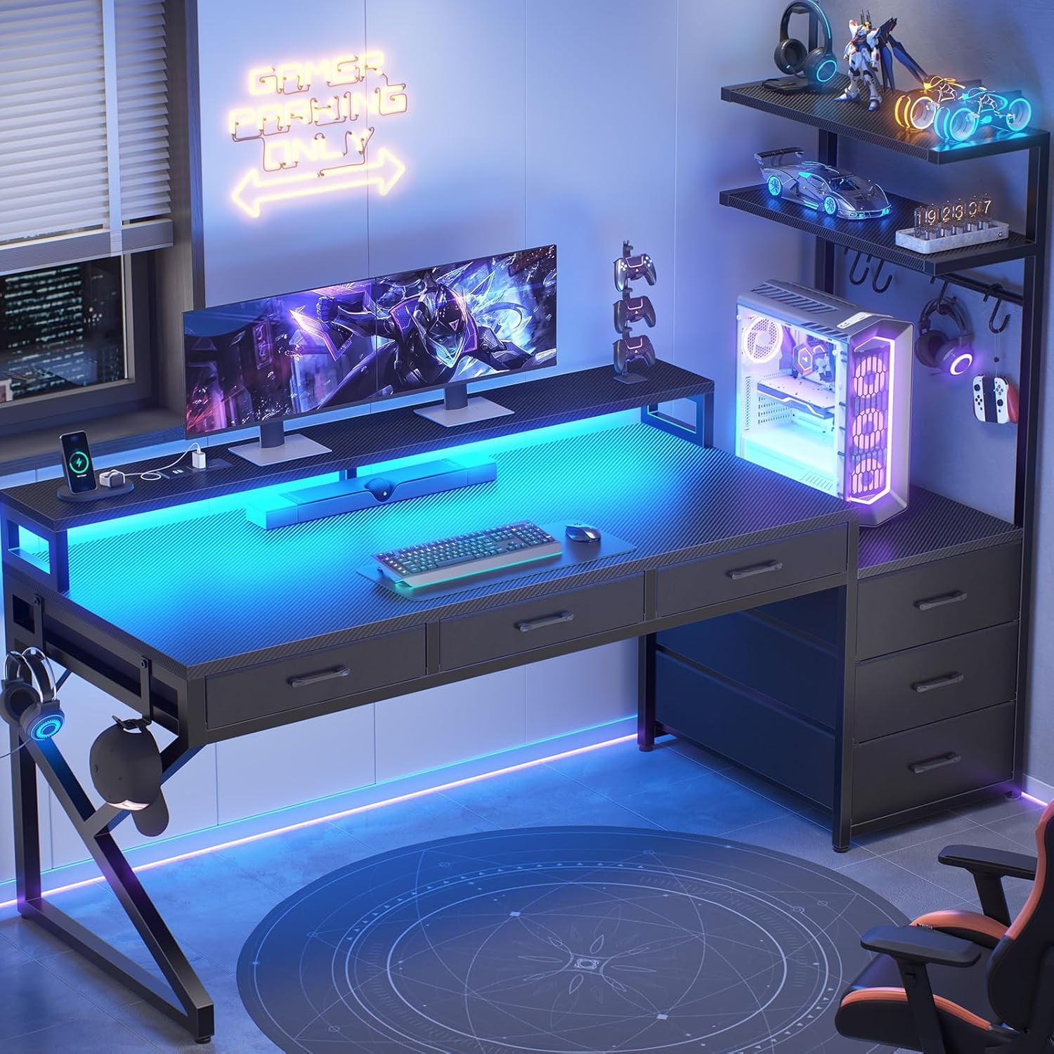 55" Gaming Desk with 6 Drawers, Small Corner Computer Desk with Power ...
