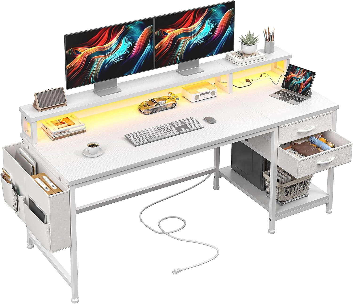 55" Gaming Desk with LED Strip, Computer Desk with Drawers & Storage ...