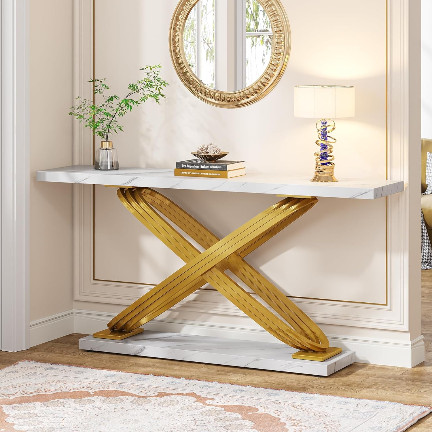 55" Gold Console Table, Modern Faux Marble Entryway Table with ...