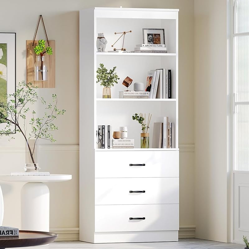 55" H 5-Tier Bookshelf with 3 Drawers, White Bookcase with 2-Tier Open ...