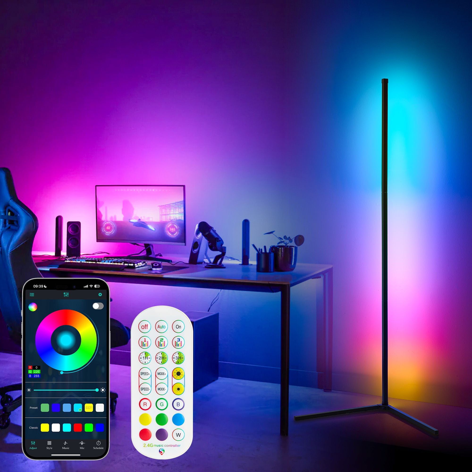 55"H RGB Corner Floor Lamp, Smart LED Lights, Support App, Remote ...