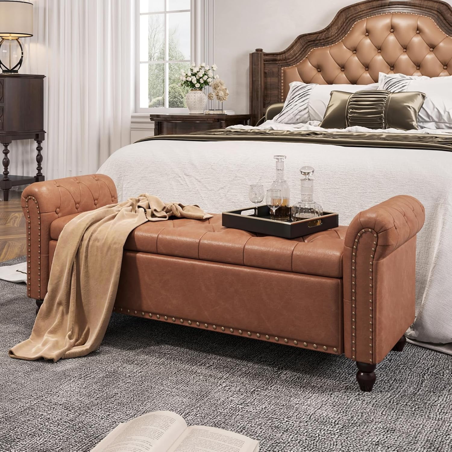 55 Inch Bedroom Storage Bench, Faux Leather End of Bed Bench with ...