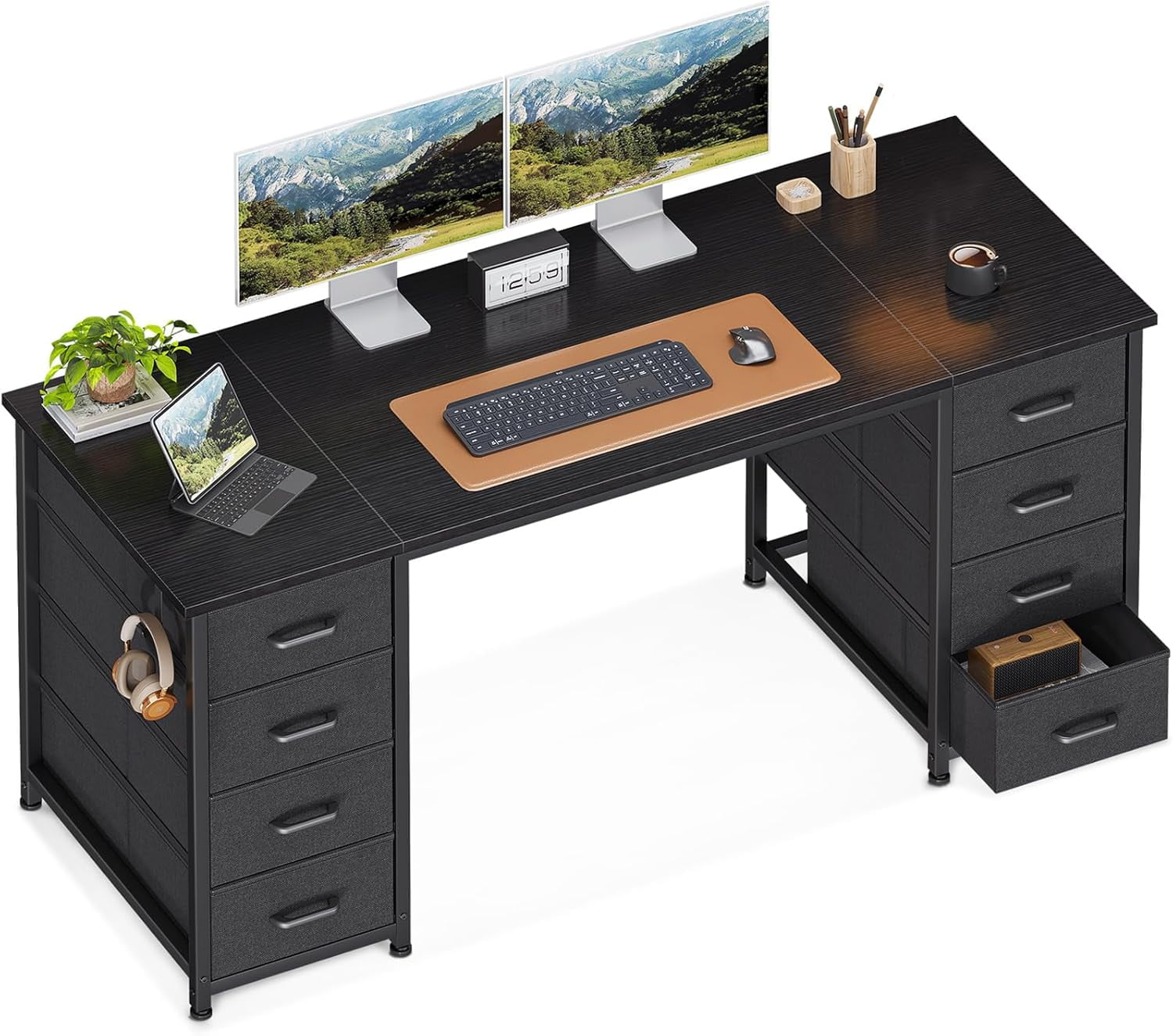 55 Inch Black Desk with 8 Fabric Drawers, Large Storage Computer Table ...