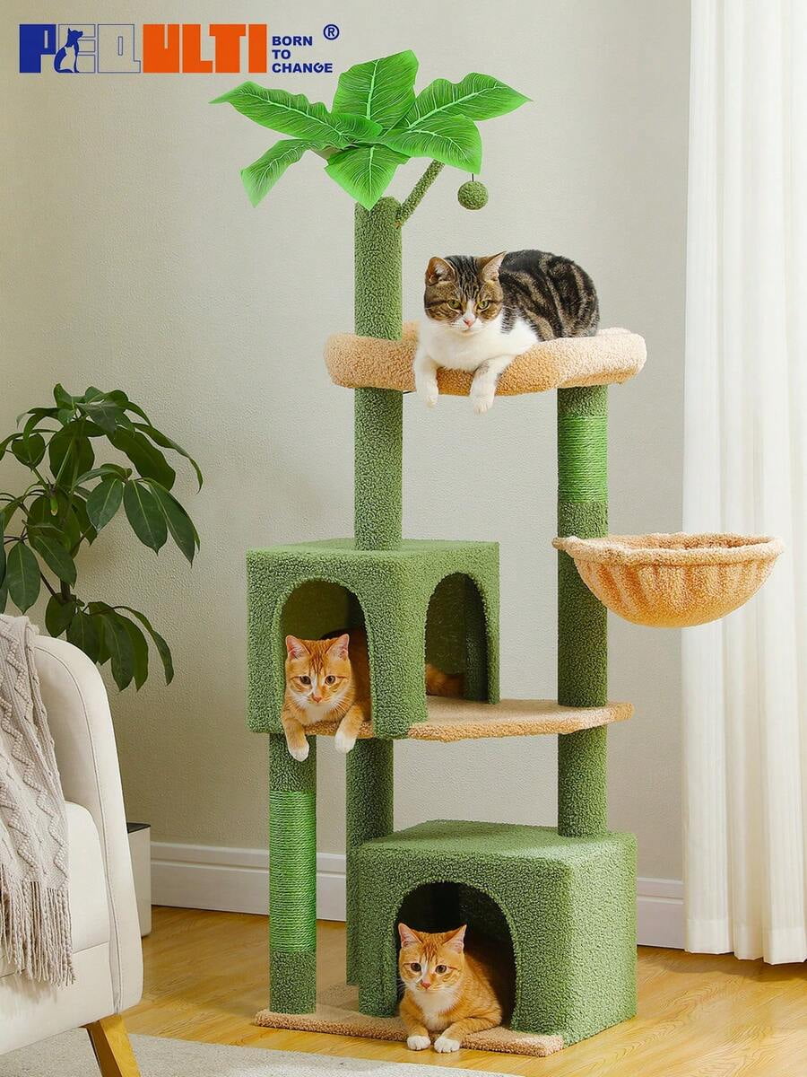 55 Inch Cat Tree with Condo, Multi-Level Tower, Hammock & Palm Toy ...
