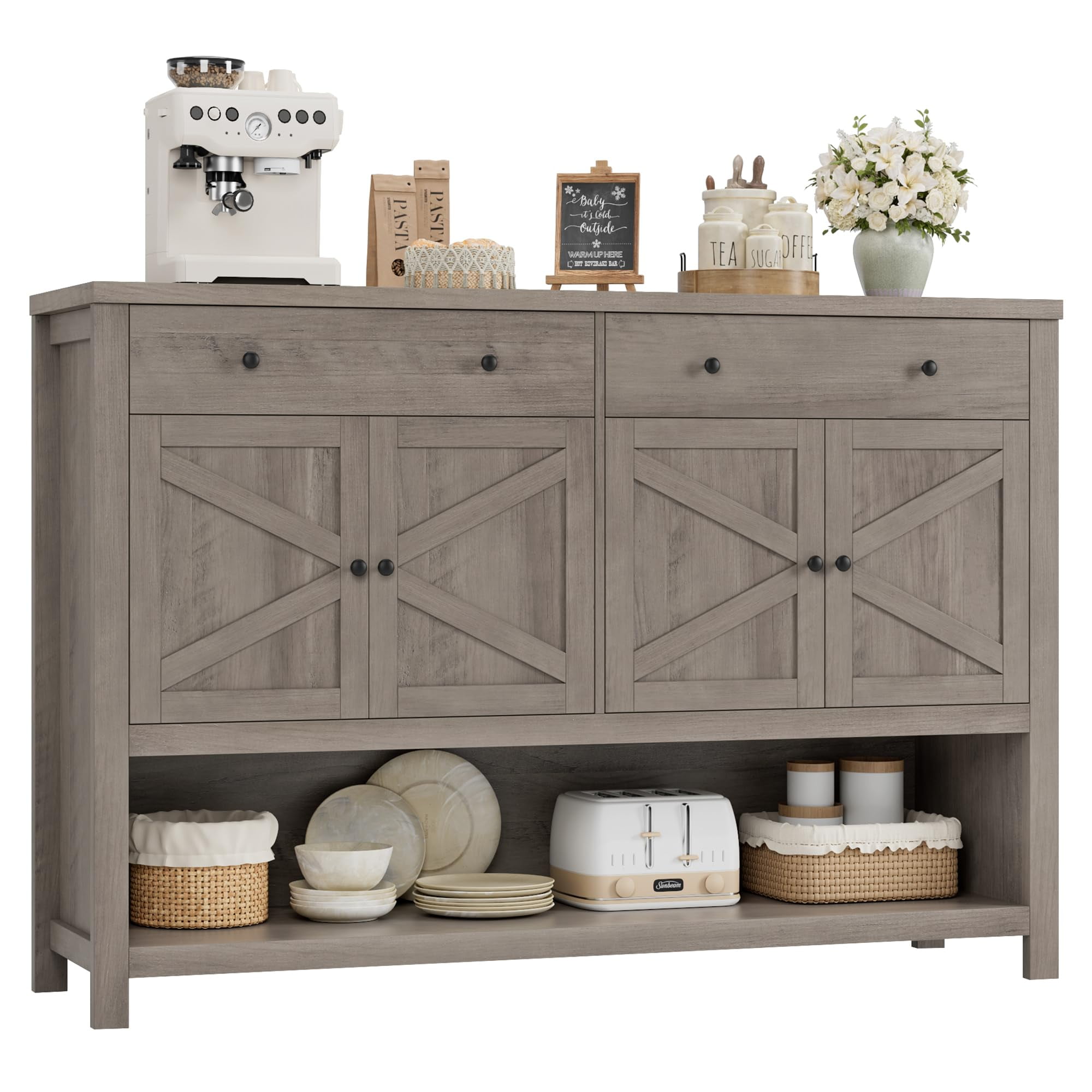 55 Inch Coffee Bar Sideboard with Storage, Farmhouse Buffet Cabinet ...