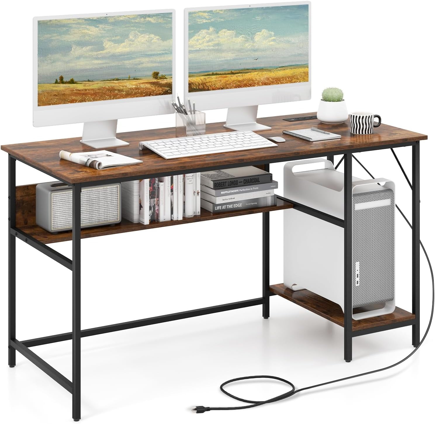 55 Inch Computer Desk with 4 Power Outlets & 2 USB Ports, Home Office ...