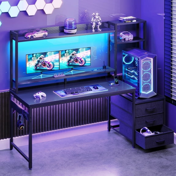 55 Inch Carbon Fiber Surface Gaming Desk with LED Lights - Walmart.com
