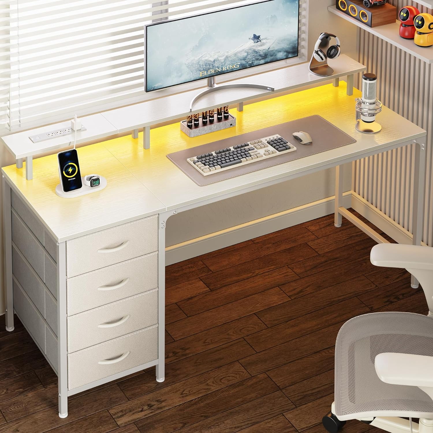 55 Inch Computer Desk with Power Outlets and LED Lights, Gaming Desk ...