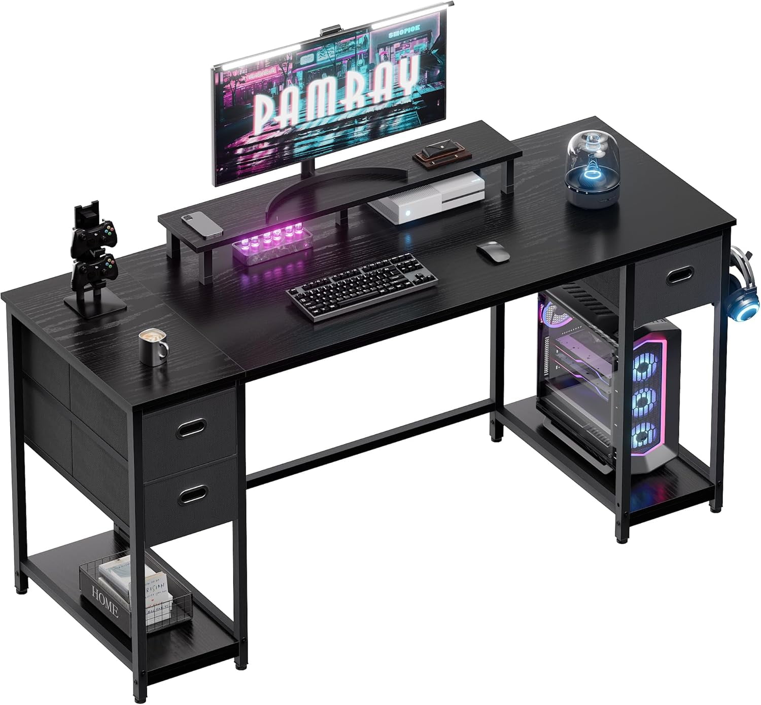 55 Inch Computer Desk with Non-Woven Storage Drawers and Monitor Stand ...