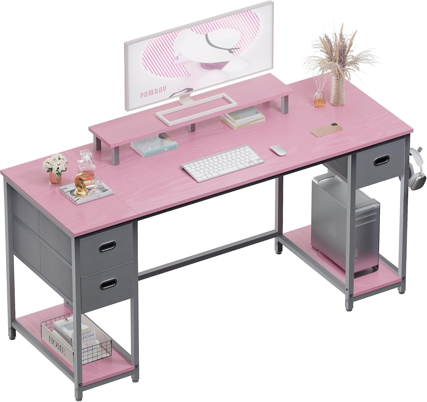 55 Inch Computer Desk with Non-Woven Storage Drawers and Monitor Stand ...