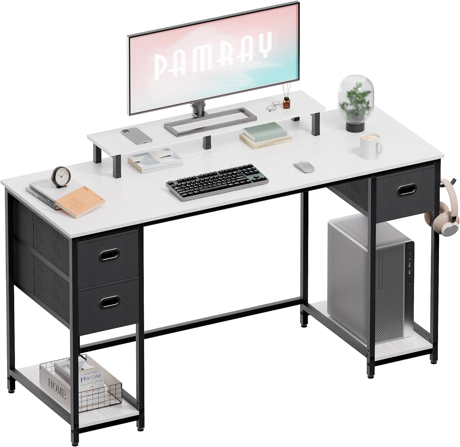 55 Inch Computer Desk with Non-woven Storage Drawers and Monitor Stand ...