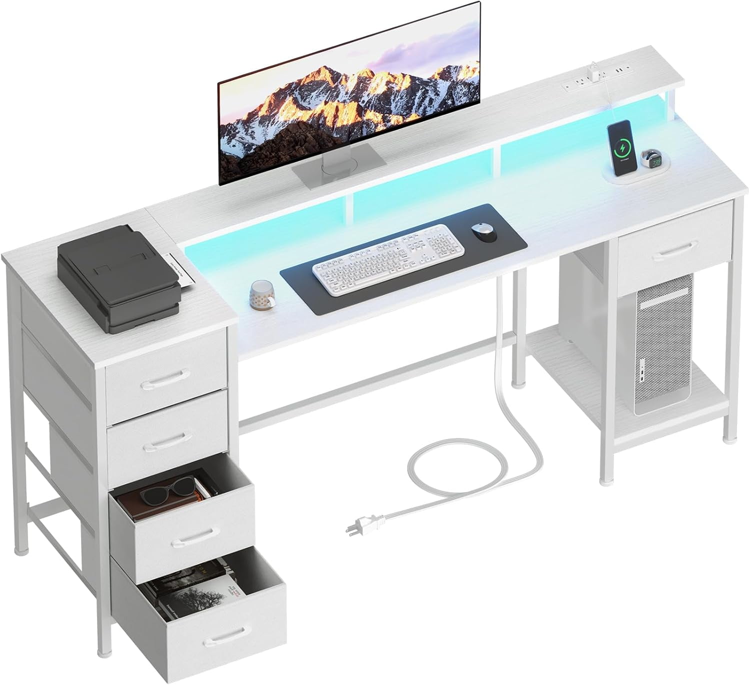 55 Inch Computer Gaming Desk with Power Outlets LED Lights, Reversible ...
