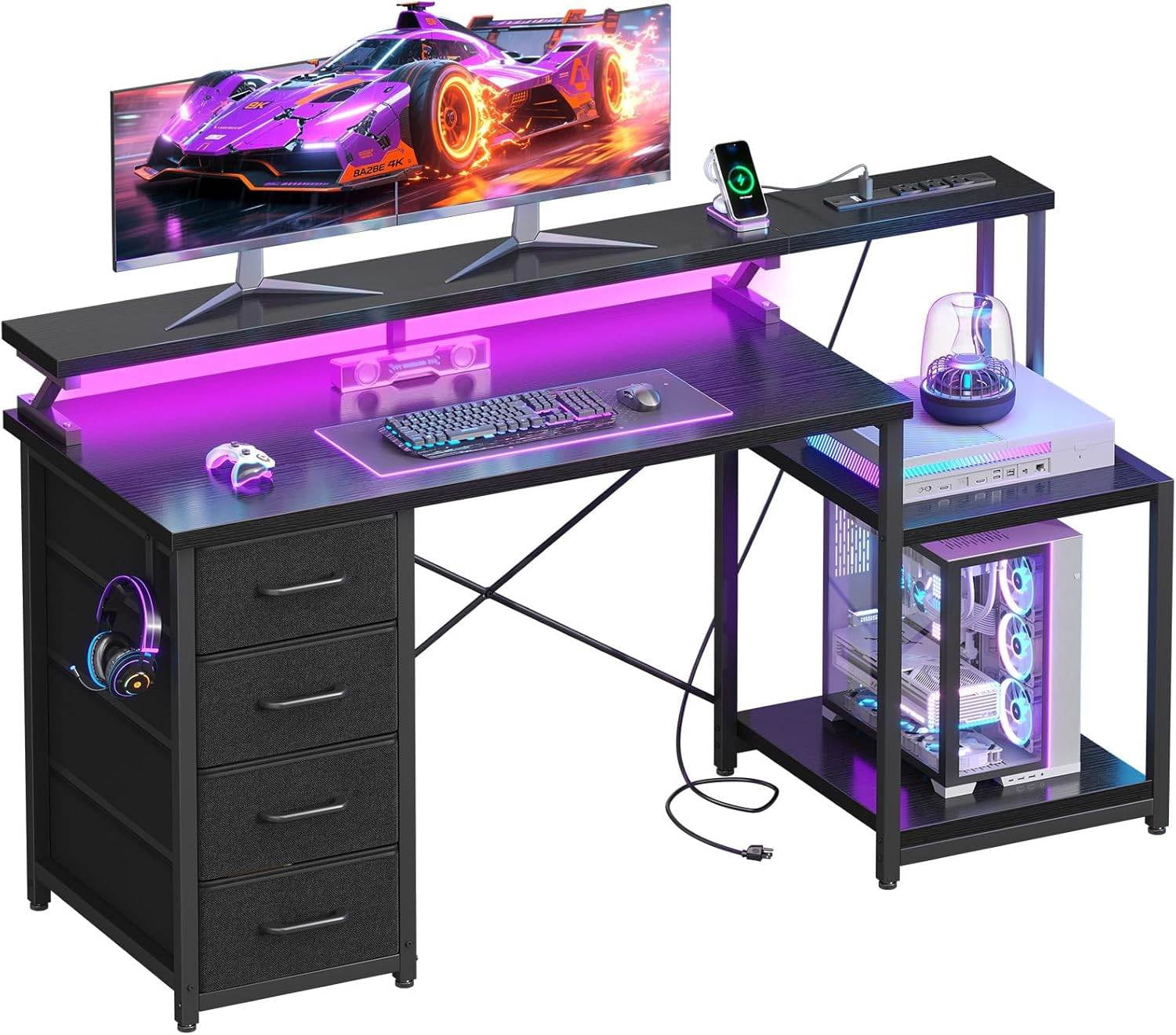 55 Inch Computer Gaming Desk with Power Outlets, 4 Drawers, Monitor ...