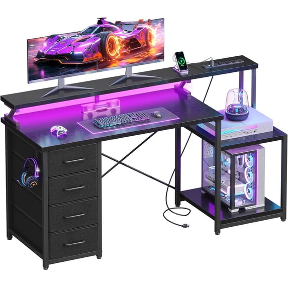 55 Inch Computer Gaming Desk with Power Outlets, 4 Drawers, Monitor ...