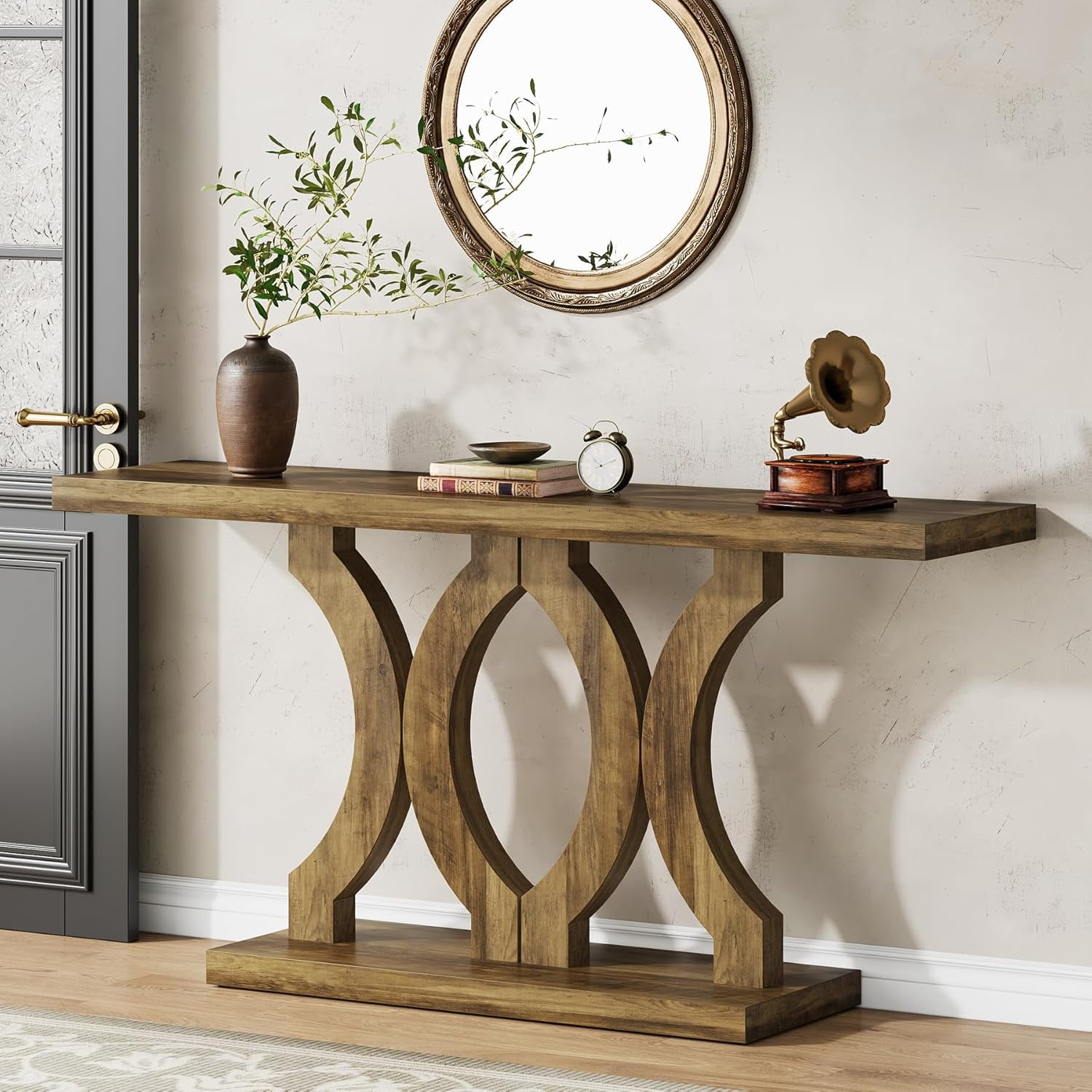 55-Inch Console Table, Vintage Entryway Table with Geometric Base ...