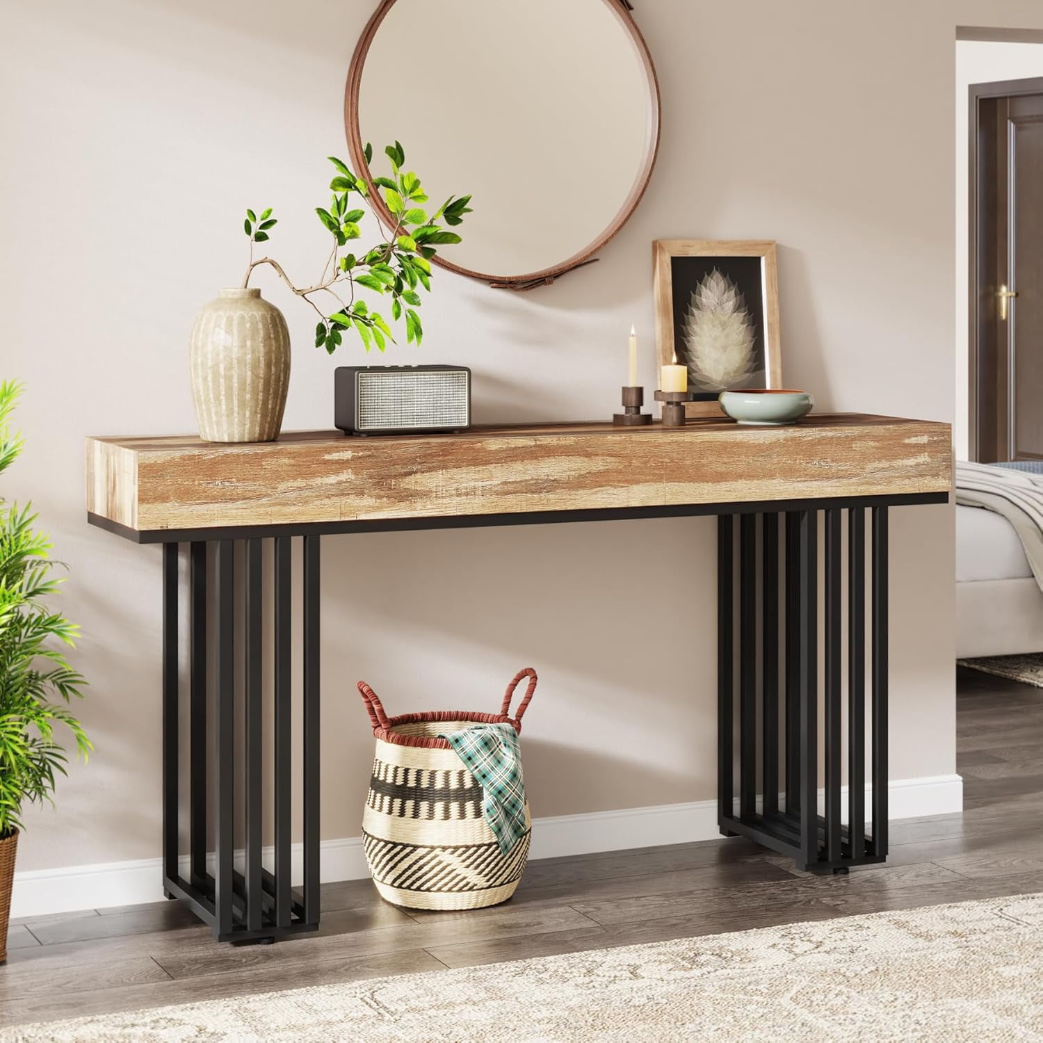 55-Inch Console Table for Entryway, Industrial Wood Hallway Table with ...