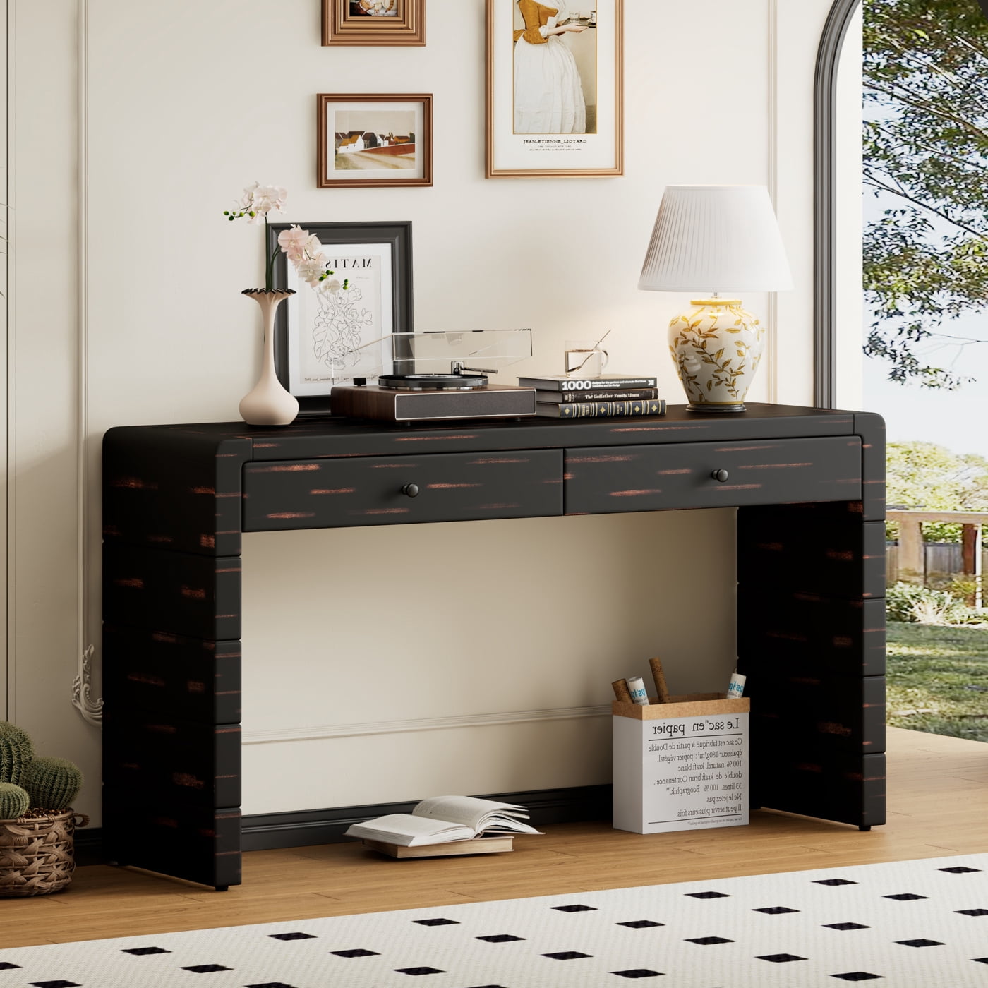 55-Inch Curved Console Table with 2 Drawers, Distressed Black Narrow ...